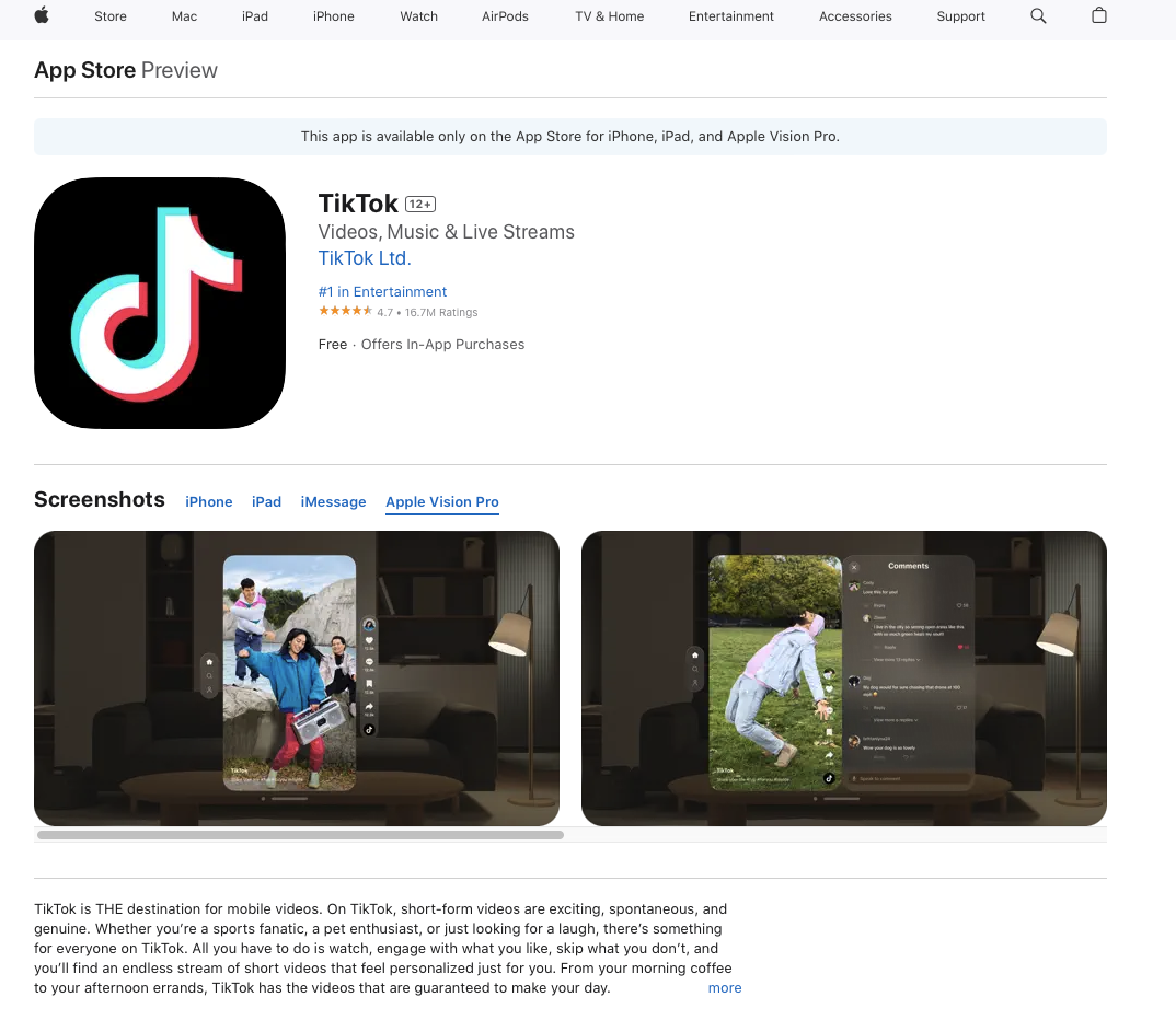 TikTok 打入 Vision Pro 市場？推「專屬 APP」大玩沉浸式體驗！ | ezone