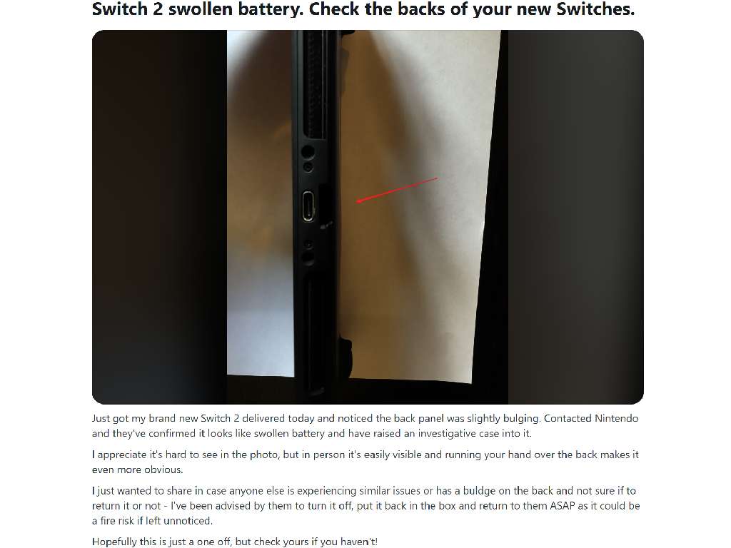 網友爆料任天堂 Switch 2 極速有問題！ 電池漲起或有爆炸風險 | ezone